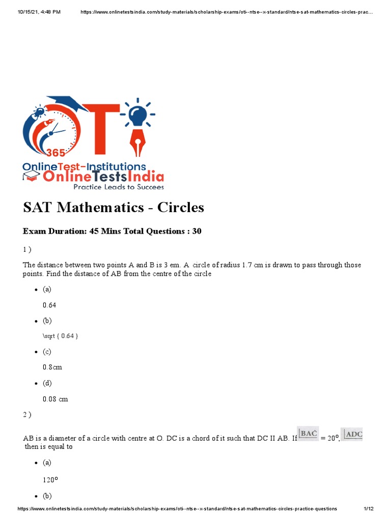 Ntse Sat Mathematics Circles Practice Questions | PDF | Circle ...