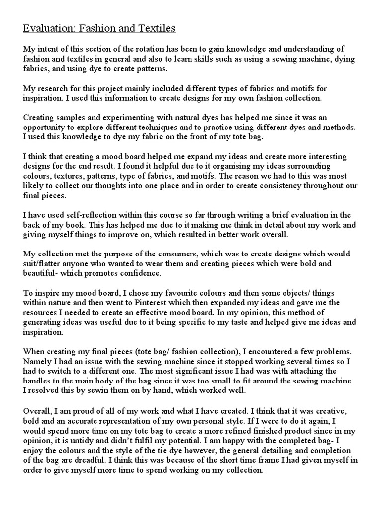 Evaluation | PDF | Textiles | Sewing