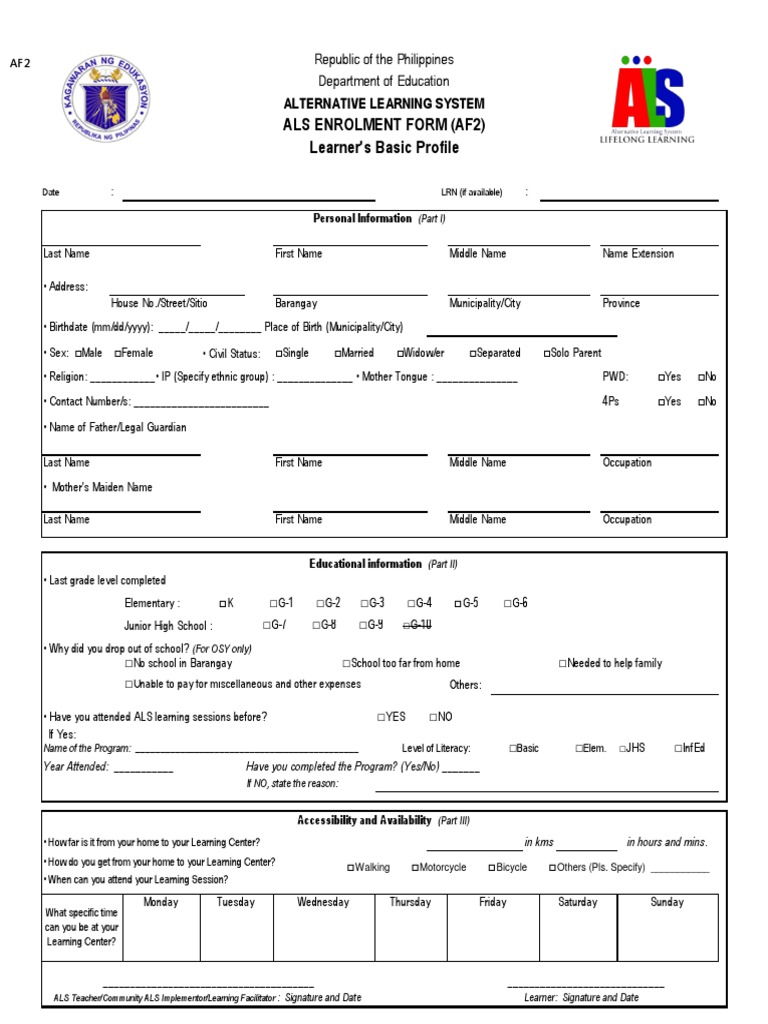 Als Enrolment Form (Af2) Learner's Basic Profile: Republic of The ...