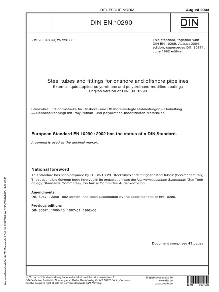 DIN EN 10290: Steel Tubes and Fittings For Onshore and Offshore ...