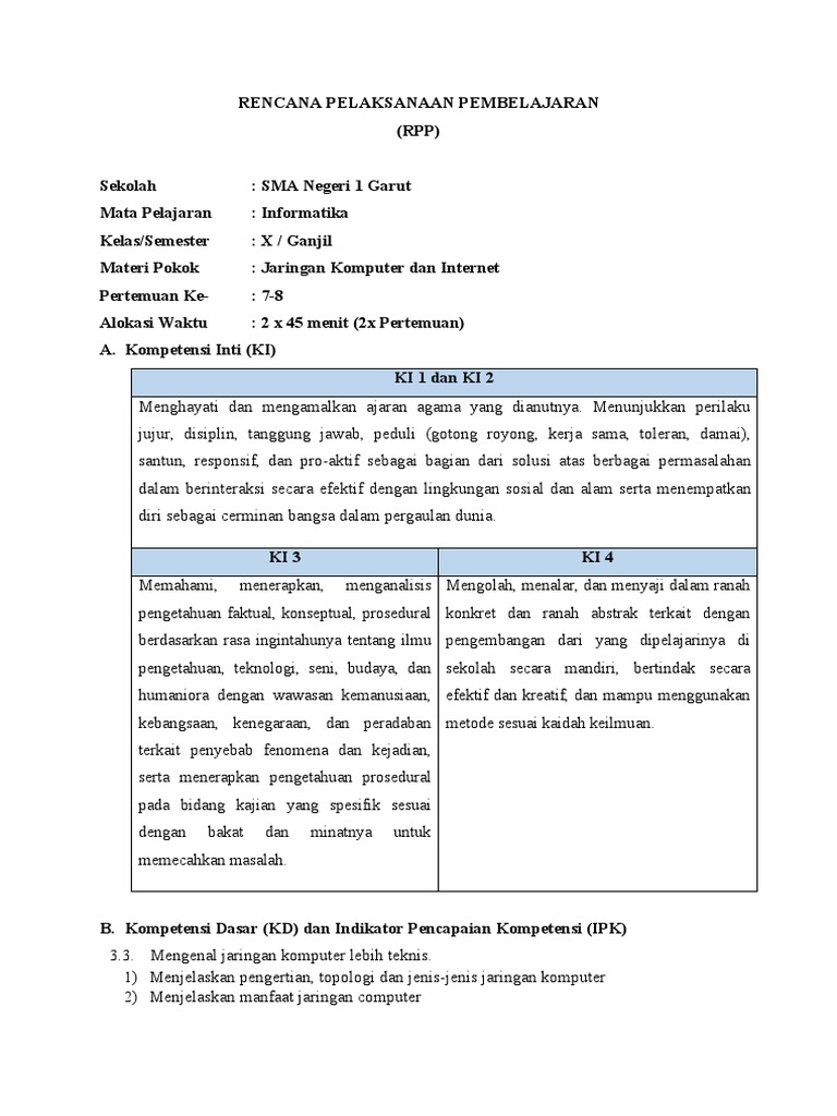 RPP Informatika SMA 3 (Jaringan Komputer Dan Internet) | PDF | Seni | Komputer