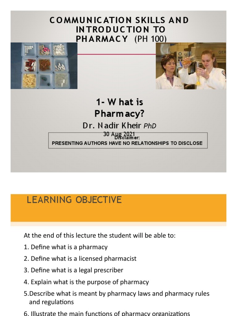 Communication Skillsand Introduction To Pharmacy (Ph100) : 1-W Hat Is Pharmacy? | PDF ...