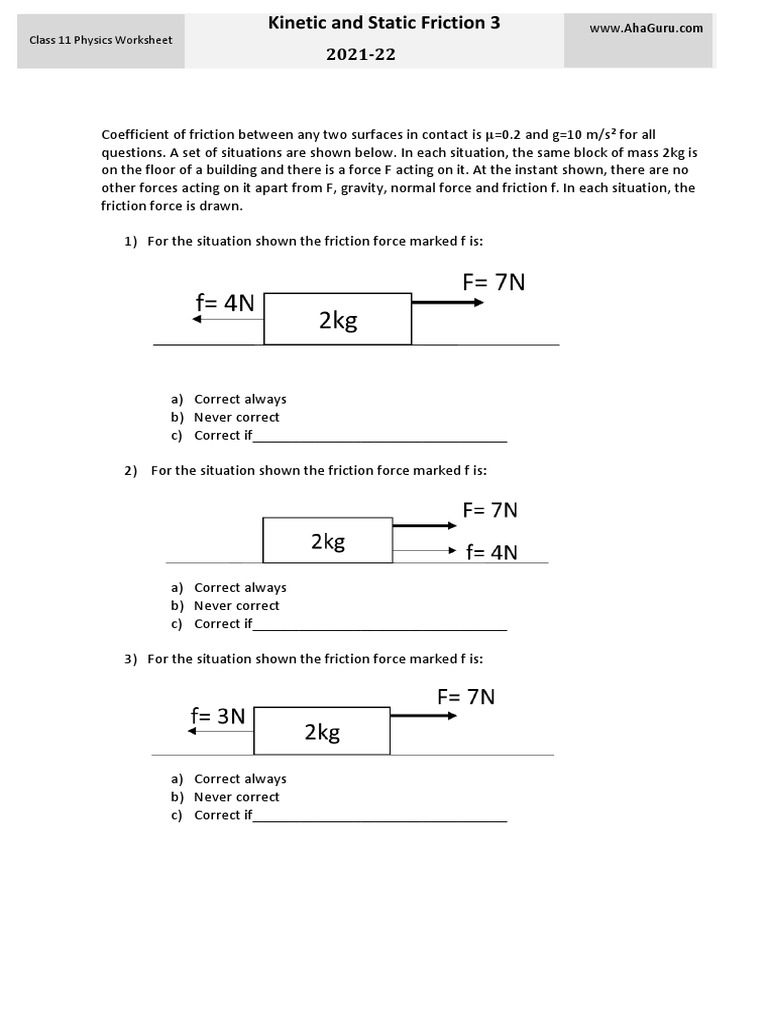 Class 11 Physics Friction Worksheet | PDF | Friction | Force
