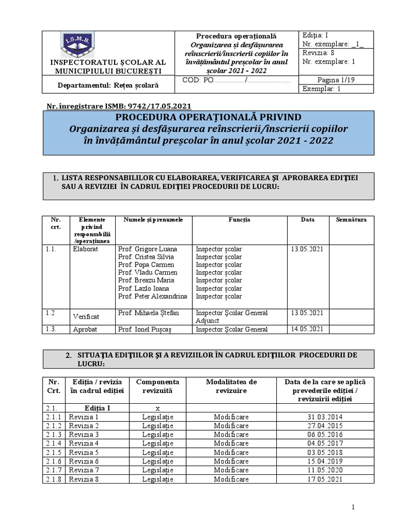 PROCEDURA OPERATIONALA Inscriere Prescolar | PDF