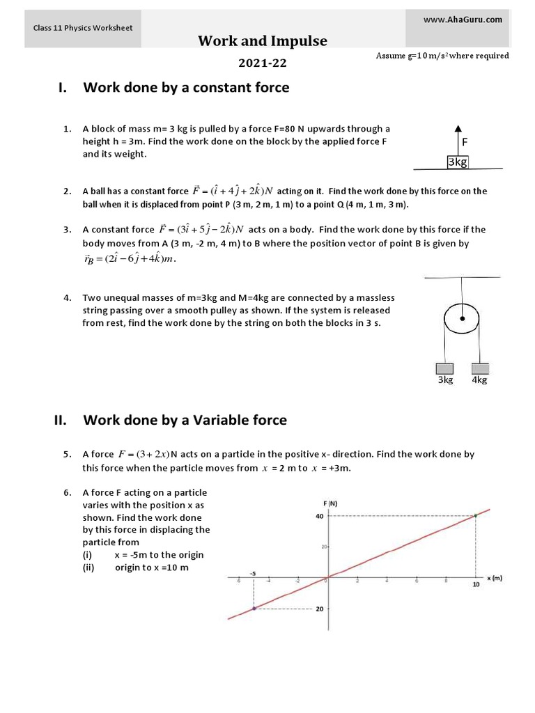 Work and Impulse Worksheet for Class 11 Physics | PDF | Force ...