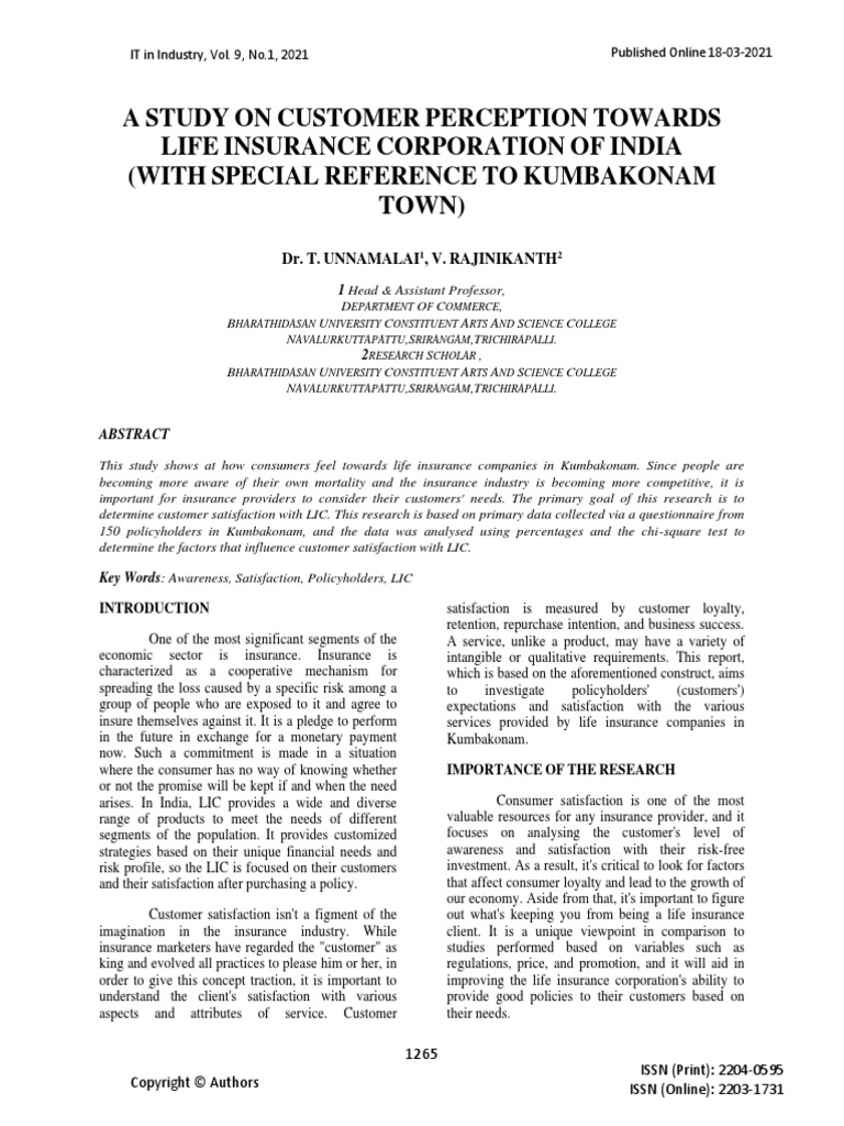 A Study ON Customer Perception Towards Life Insurance Corporation OF ...