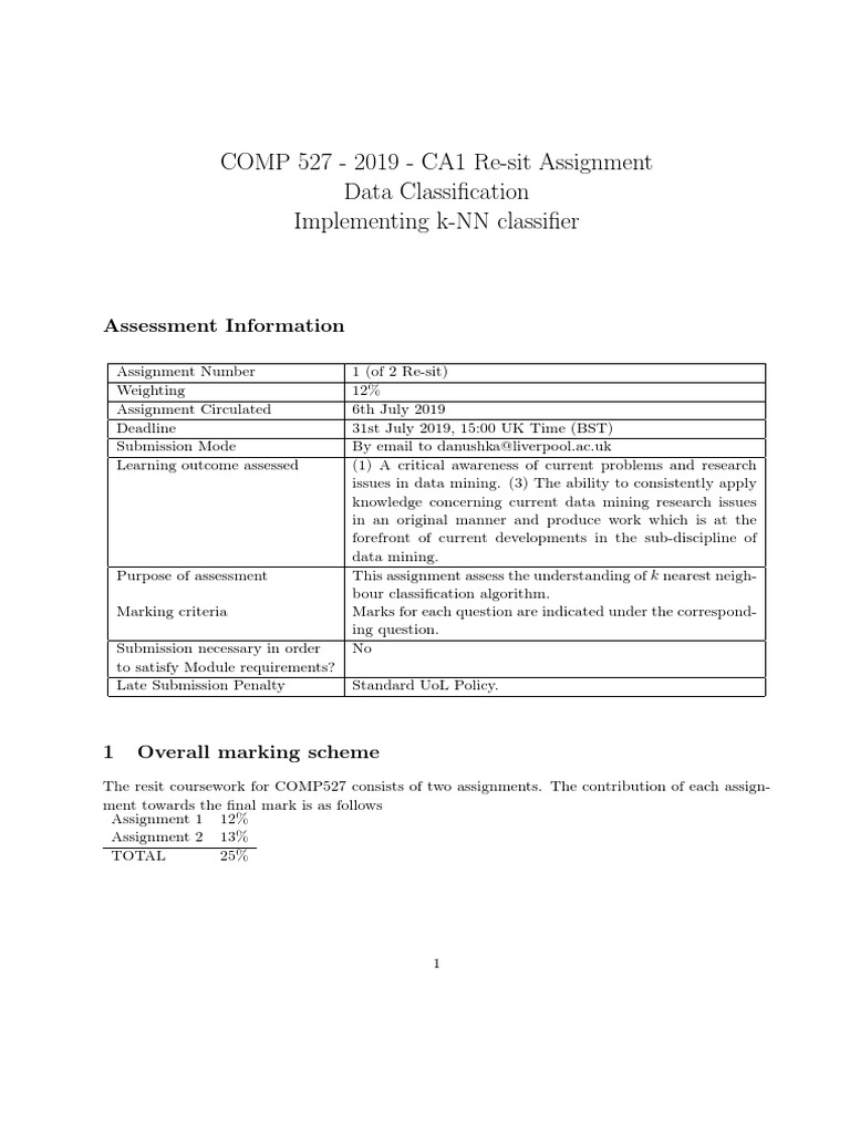 COMP 527 - 2019 - CA1 Re-Sit Assignment Data Classification Implementing K-NN Classifier | PDF ...