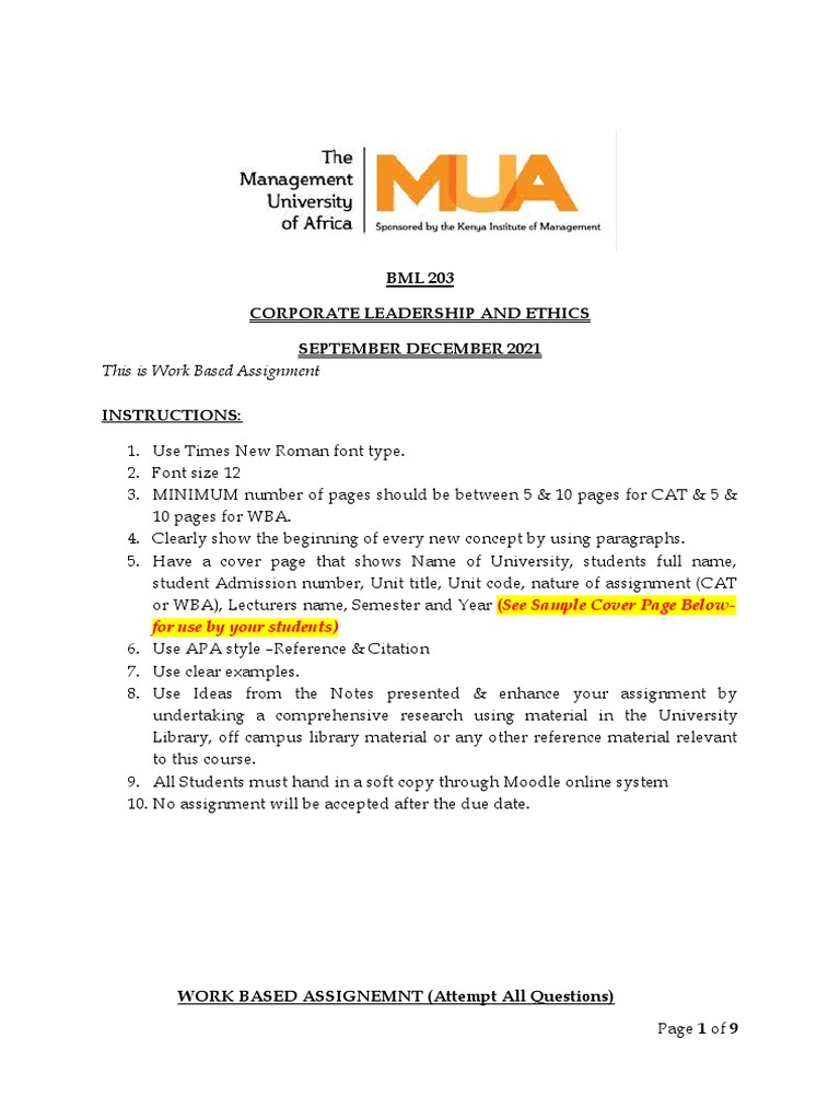 BML 203 Wba September December 2021 | PDF | Organizational Culture