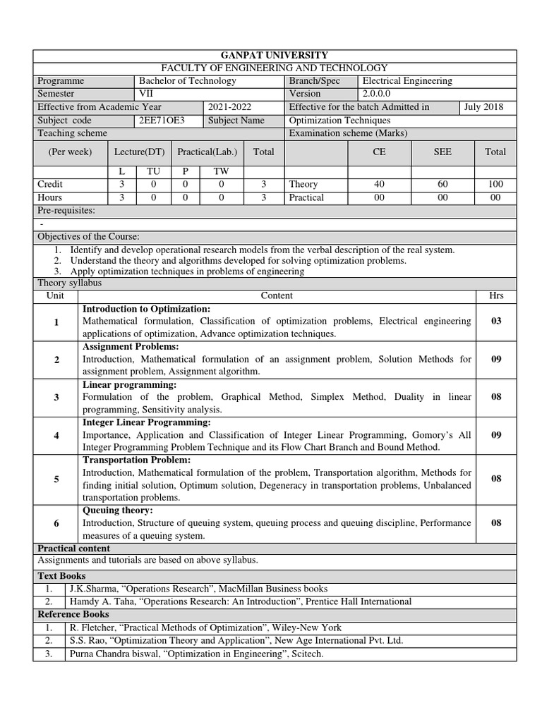 2EE71OE3 Optimization Techniques PDF Linear Programming Mathematical Optimization