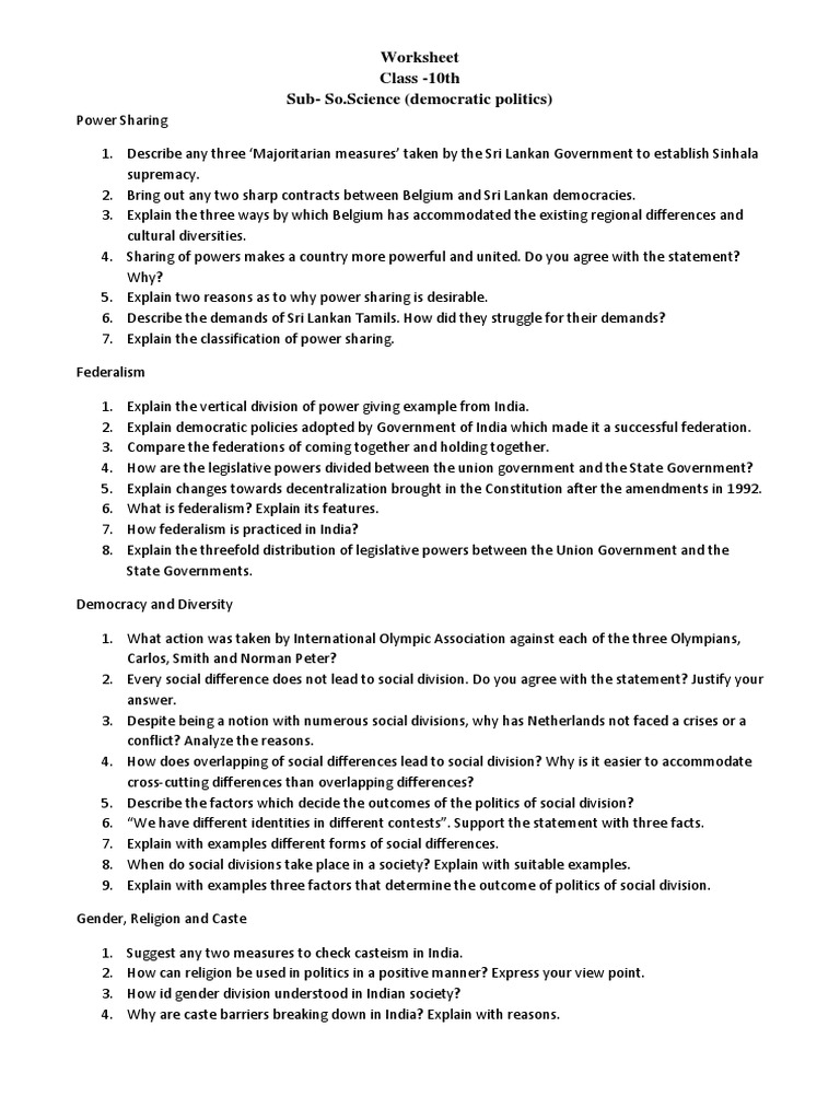 Combined Grade 10 Democratic Politics Revision Test | PDF | Political ...