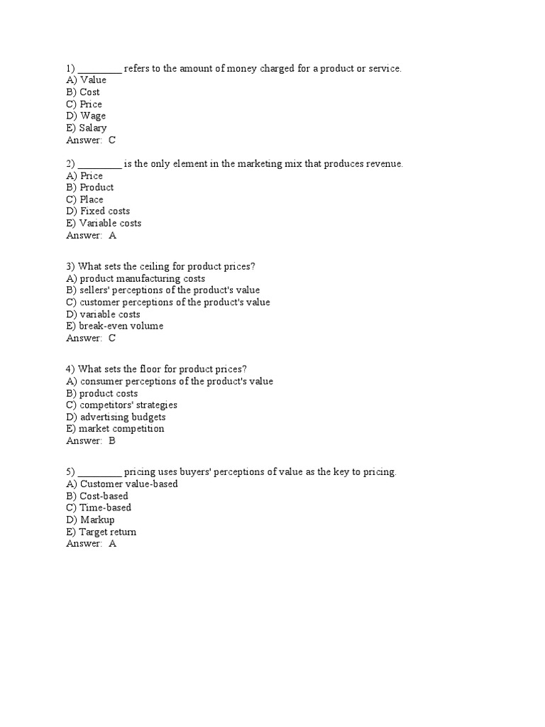 Pricing Quiz Answers | PDF | Pricing | Cost