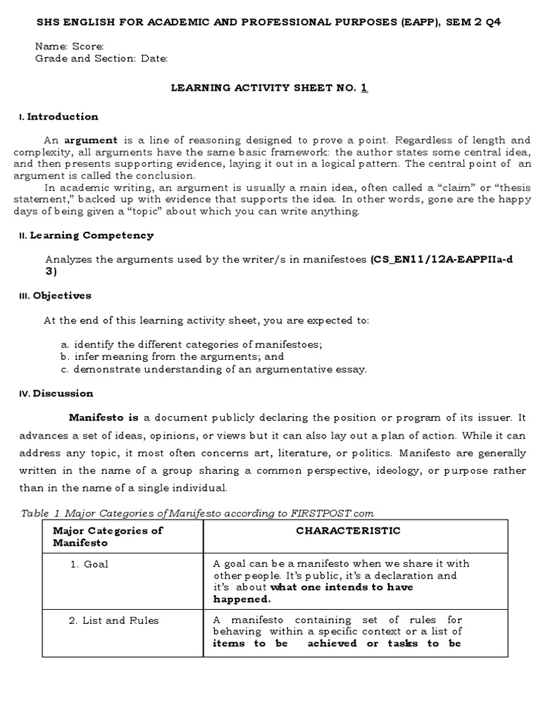 SHS Eapp Q4 Las 1 | PDF | Argument | Reason