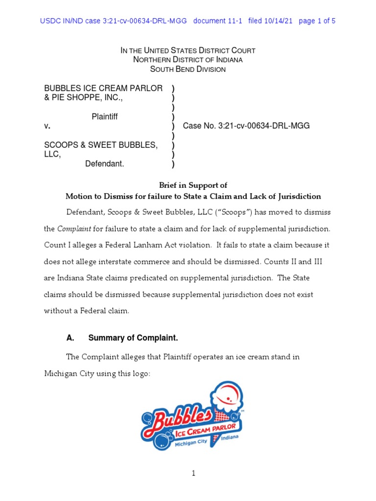Scoops & Sweet Bubbles Brief in Support of Motion To Dismiss | PDF ...