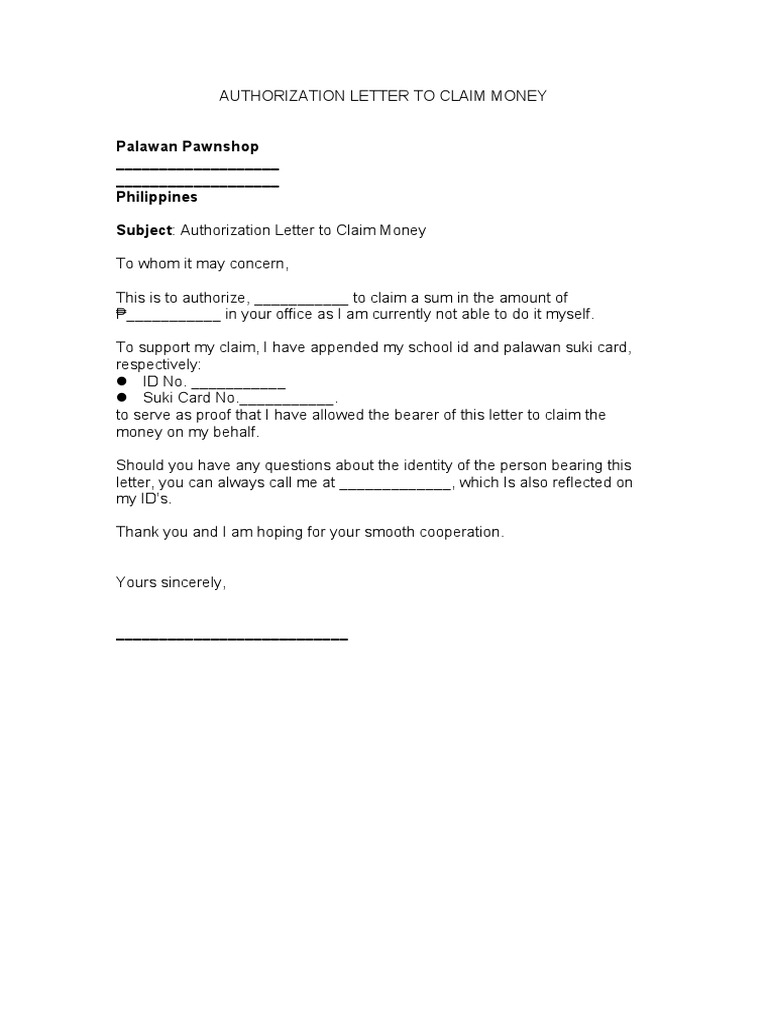 Authorization Letter To Claim Money | PDF