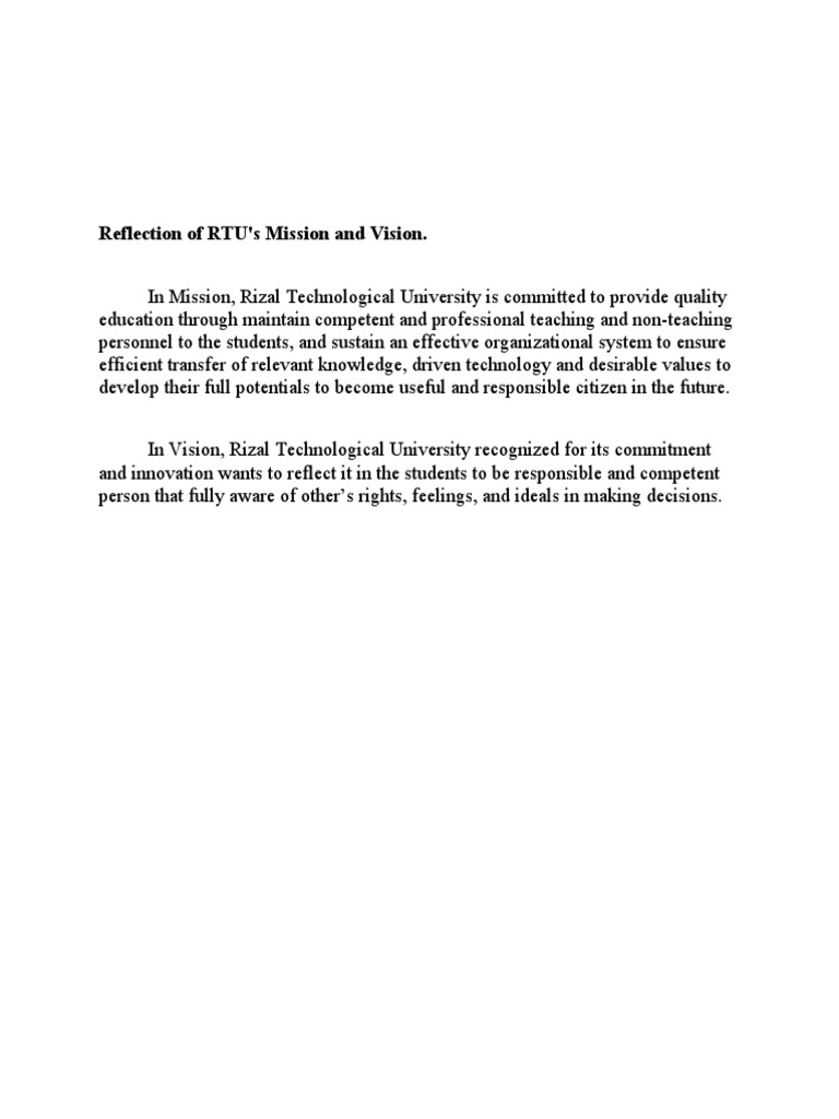 RTU Mission and Vision Reflection | PDF | Career & Growth | Science ...