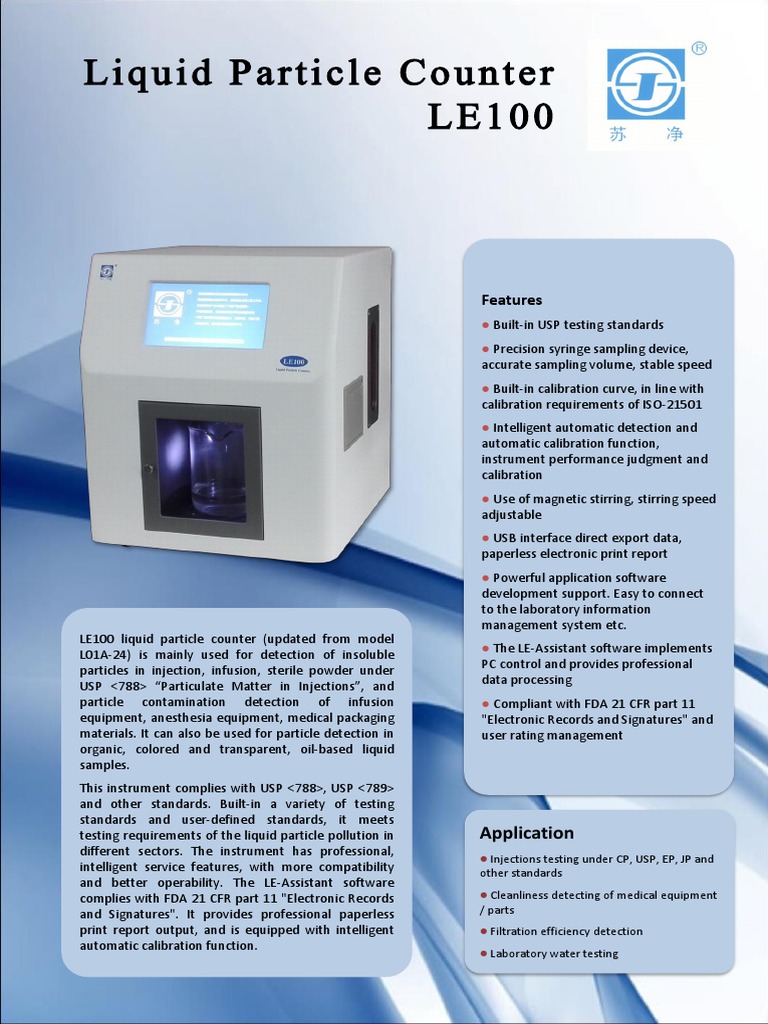 Brochure of LE100 Liquid Particle Counter | PDF | Calibration | Equipment