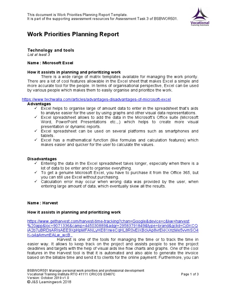 Work Priorities Planning Report1 | PDF | Microsoft Excel | Spreadsheet