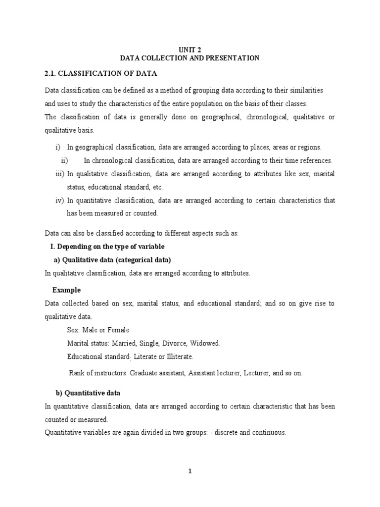 2.1. Classification of Data: Unit 2 Data Collection and Presentation ...