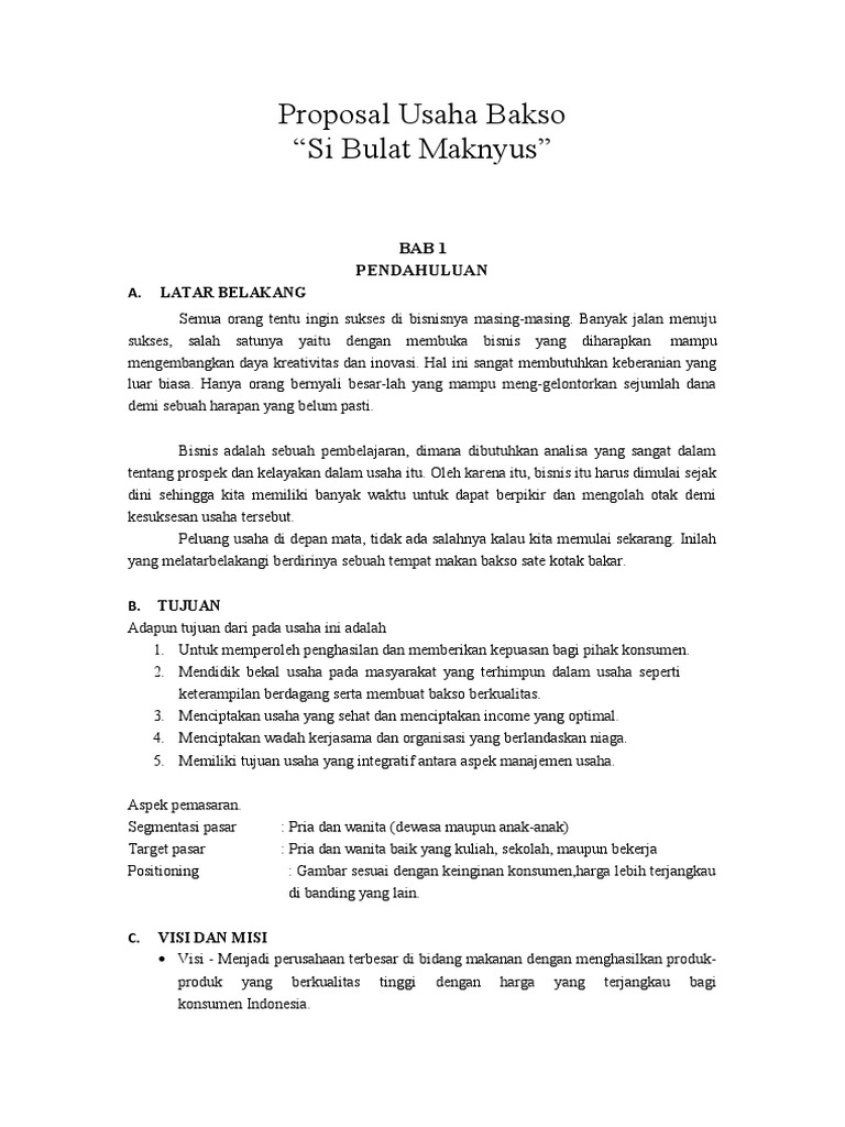 Proposal Usaha Bakso "Si Bulat Maknyus": Bab 1 Pendahuluan | PDF
