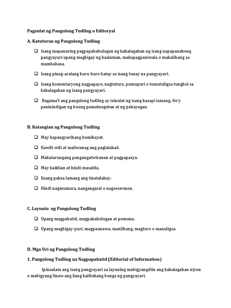 Pagsulat NG Pangulong Tudling o Editoryal | PDF