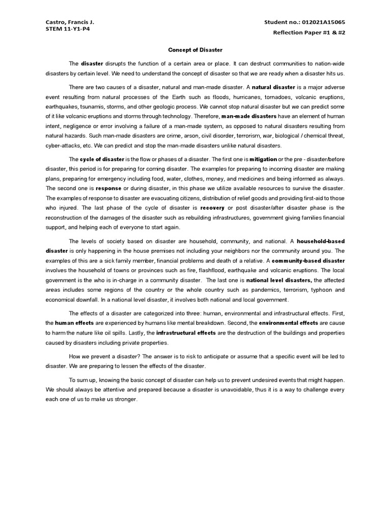 Castro, Francis J. STEM 11-Y1-P4 Student No.: 012021A15065 Reflection ...