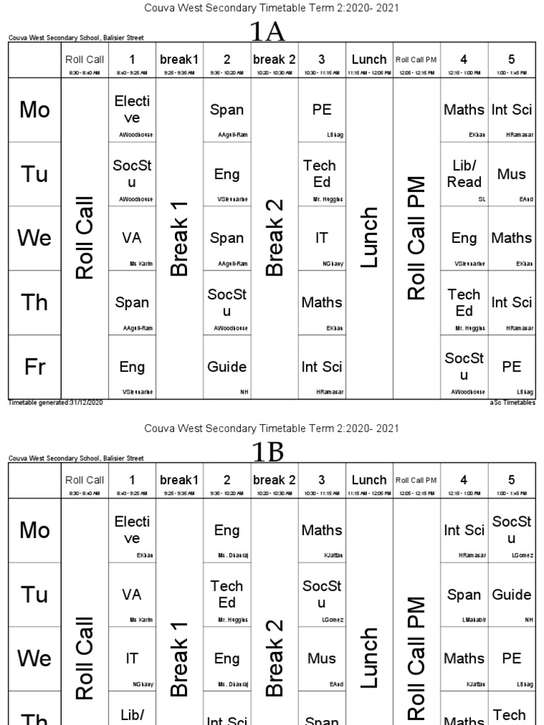 Time Table From 1 Term 2 | PDF