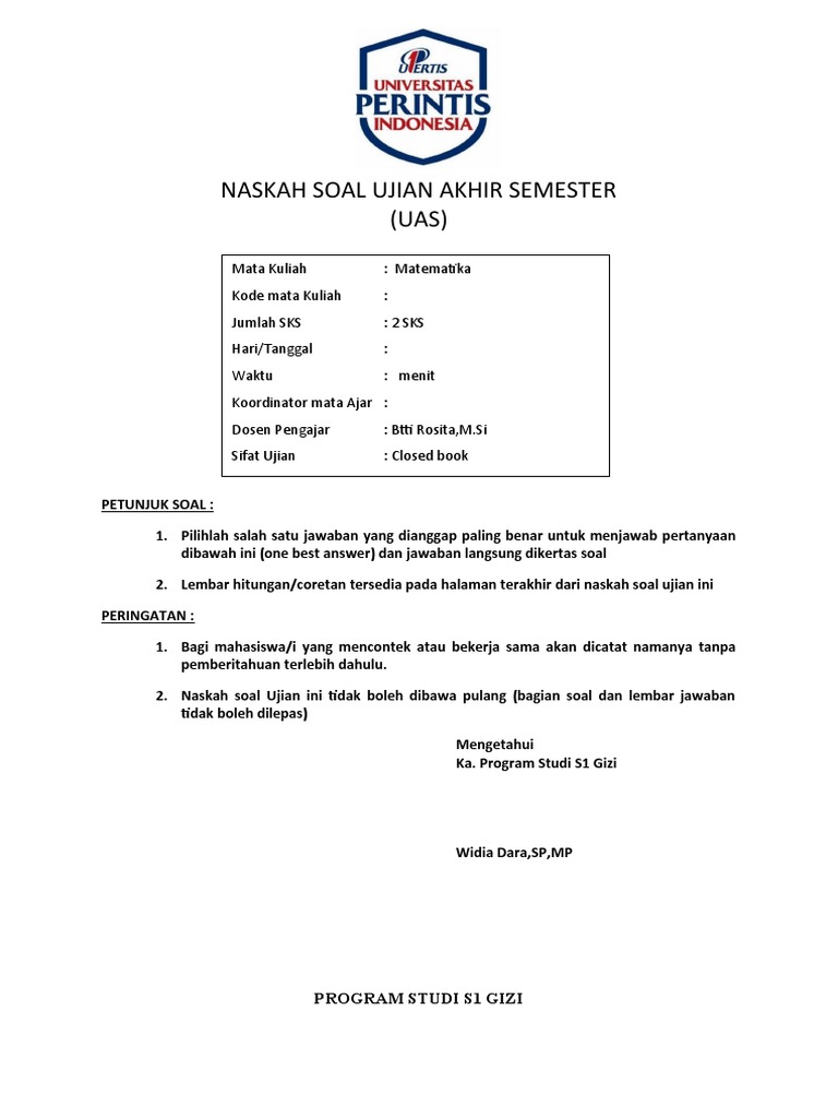 Soal UAS Matematika s1 Gizi Ok | PDF
