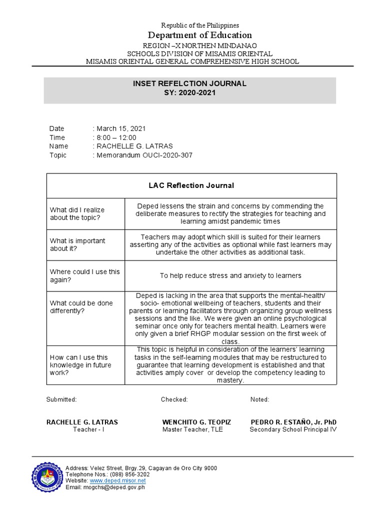 Inset Reflection Template | PDF | Learning | Education Theory