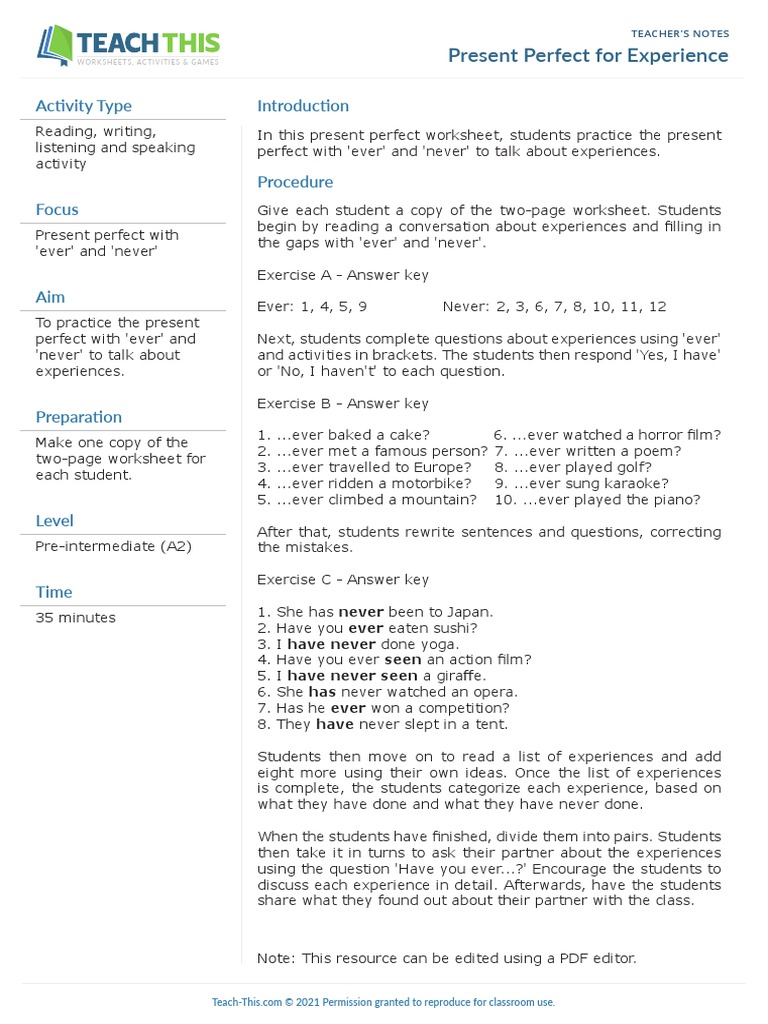 Present Perfect For Experience: Activity Type | PDF