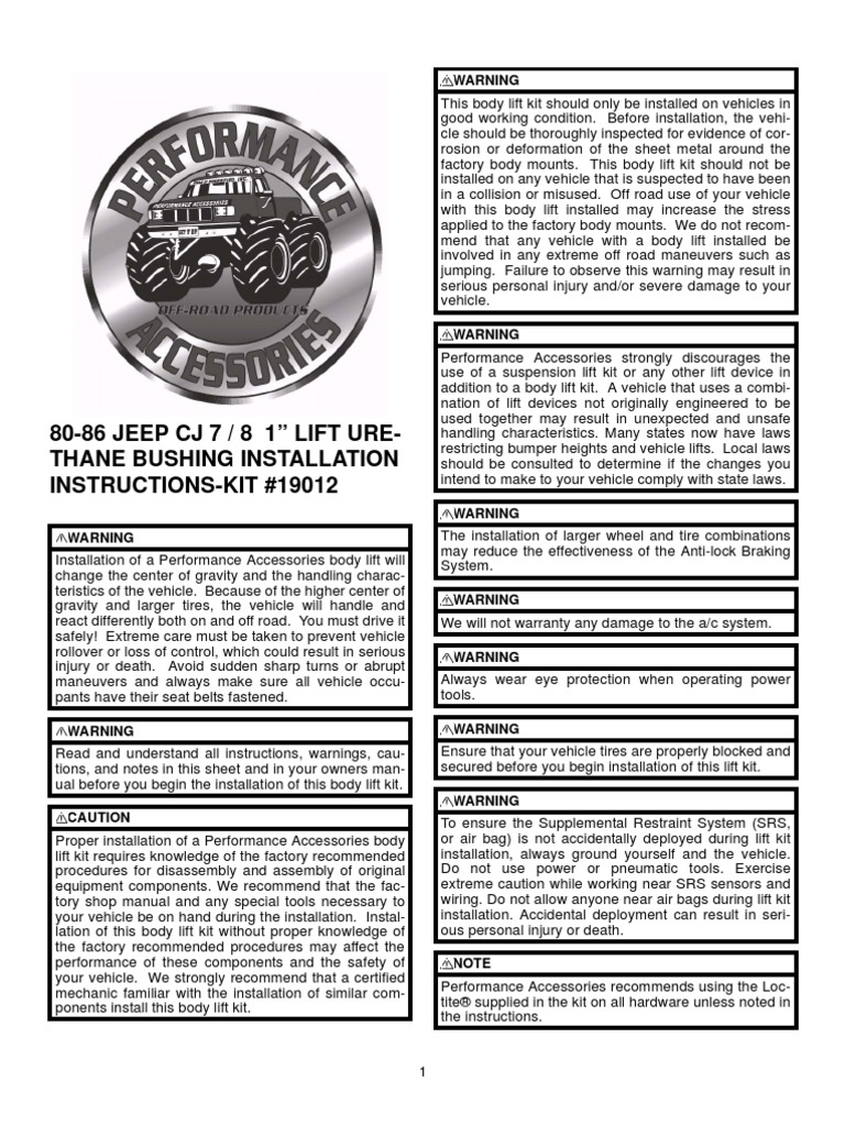 80-86 JEEP CJ 7 / 8 1" LIFT URE-Thane Bushing Installation Instructions ...