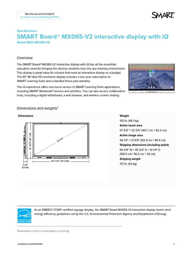 SMART Board® MX065-V2 Interactive Display With Iq: Specifications | PDF ...