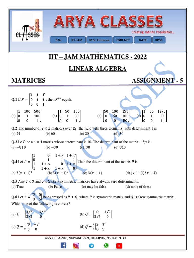Iit - Jam Mathematics - 2022 Linear Algebra Matrices Assignment - 5 ...