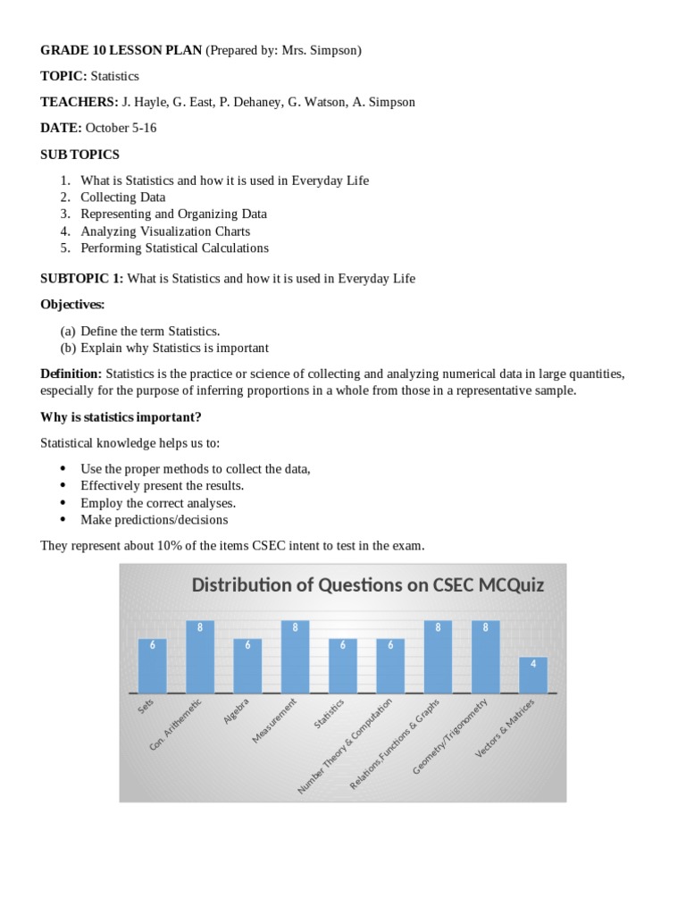 Grade 10 Statistics Lesson Plan | PDF | Mean | Median