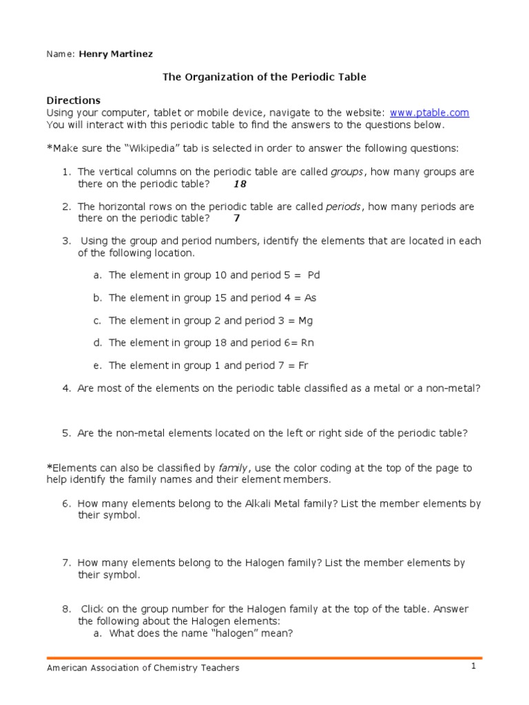 The Organization of The Periodic Table Directions: Name: Henry Martinez ...