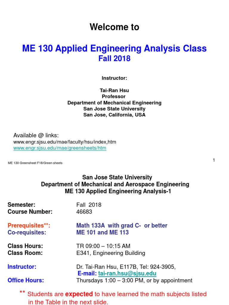 ME 130 Applied Engineering Analysis Class: Welcome To | PDF | Equations | Integral