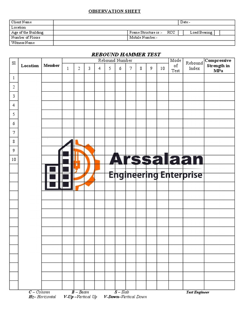 OBSERVATION SHEET Rebound Hammer Test | PDF