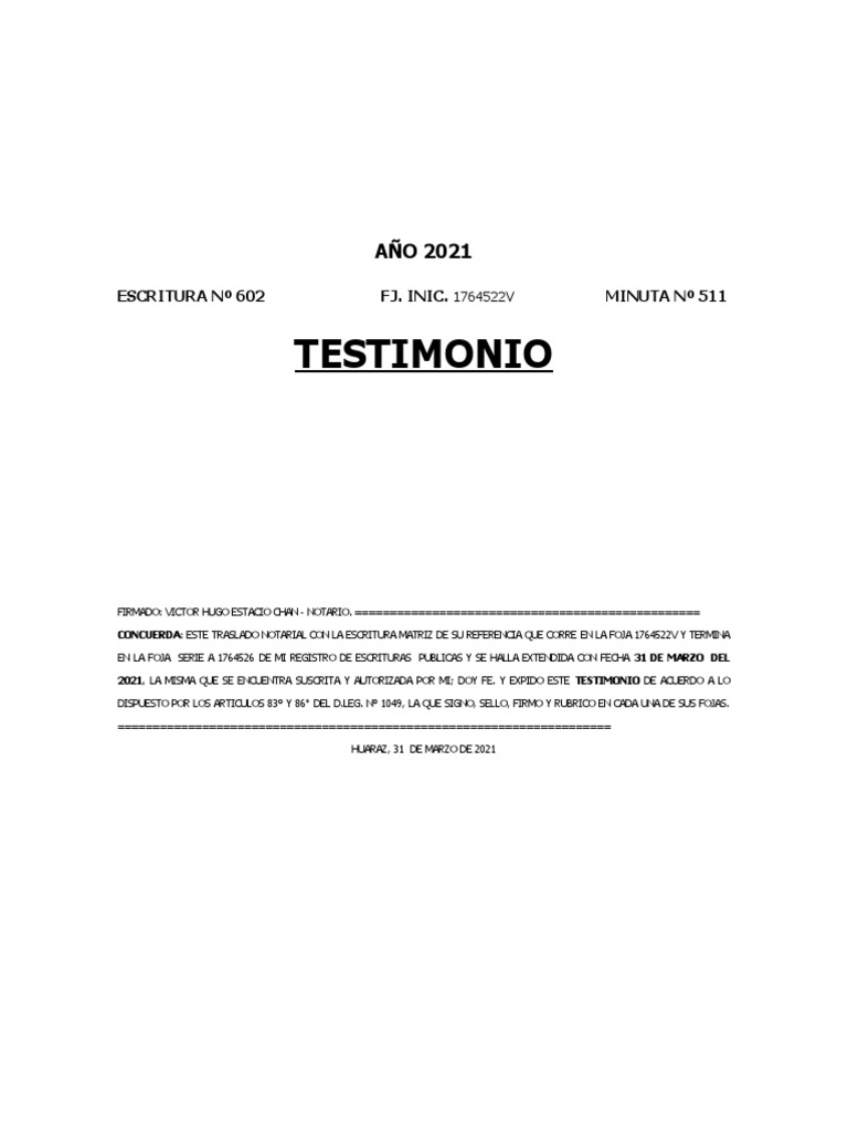Ejemplo de Testimonio Notarial 2021 | PDF