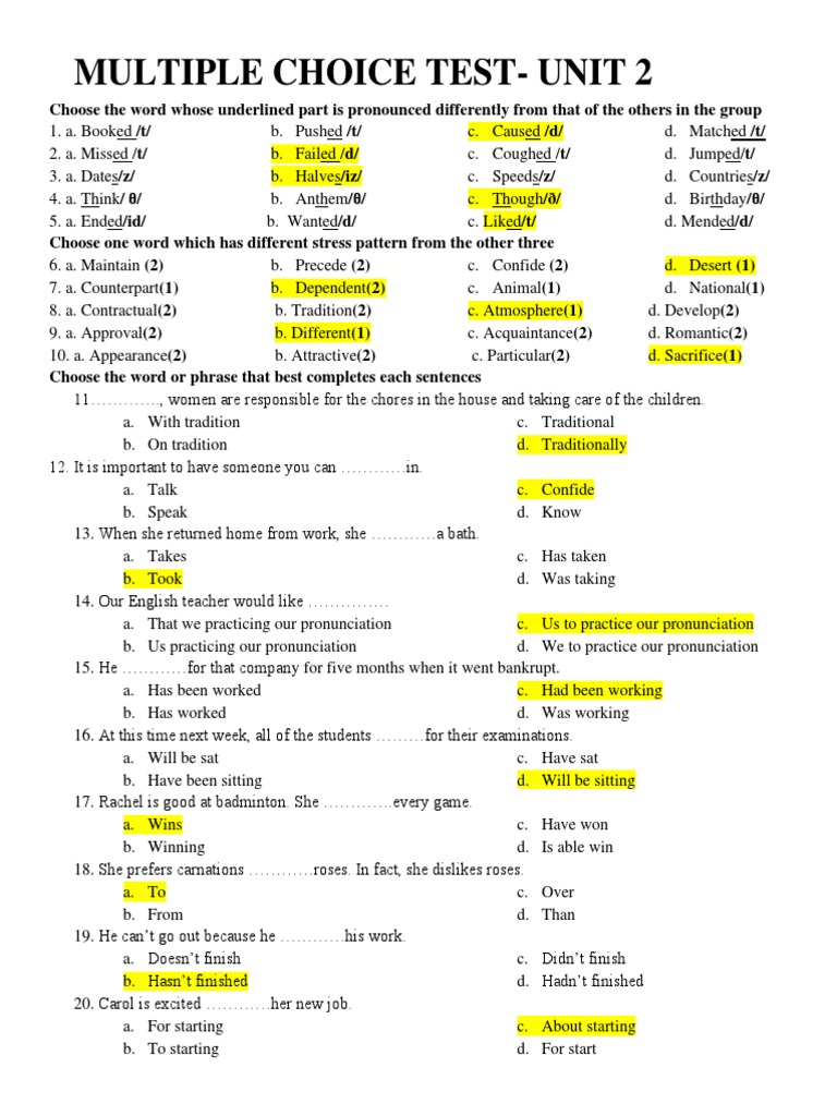 Multiple Choice English Test - Unit 2 | PDF | Marriage | Family
