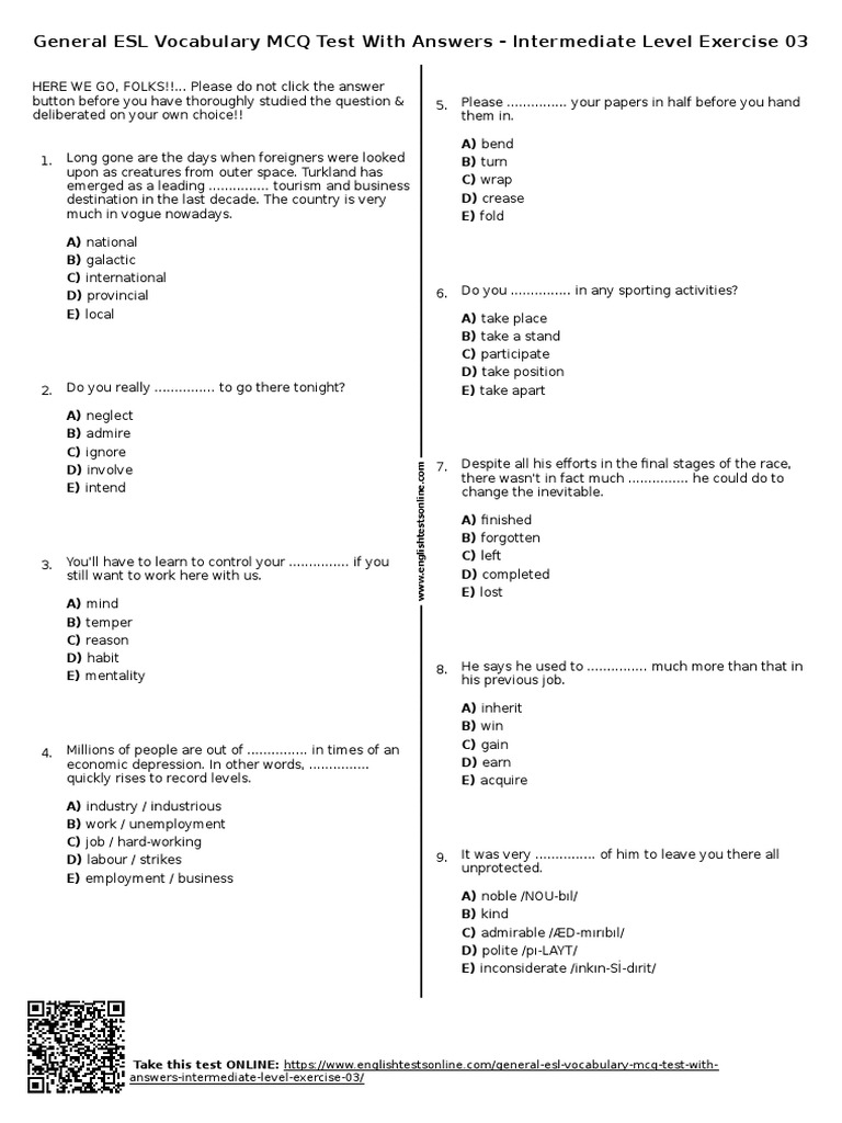Intermediate Vocabulary MCQ Test with Answers | PDF