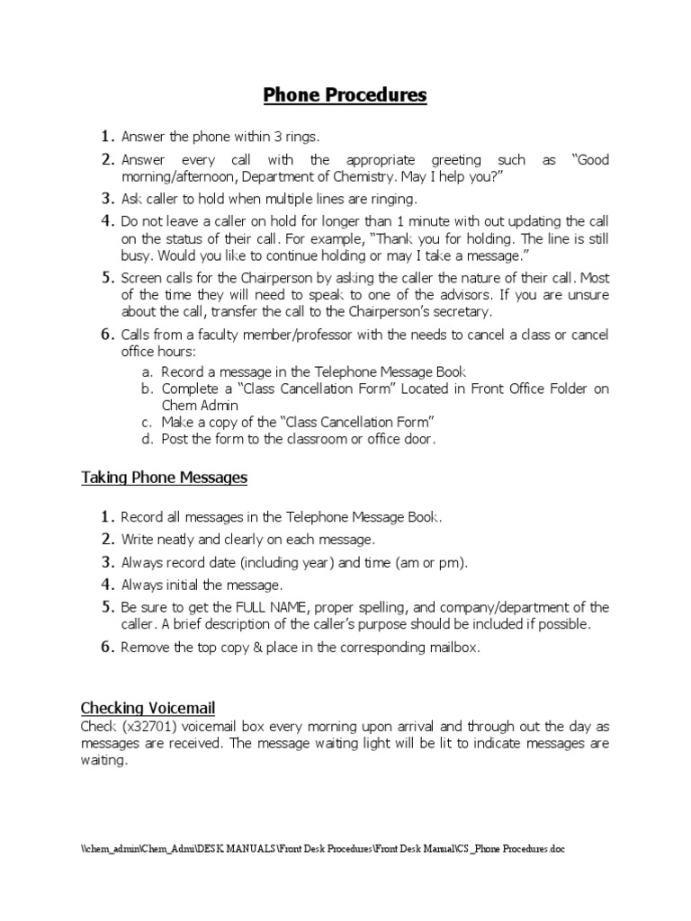 Phone Procedures: //chem - Admin/chem - Admi/DESK MANUALS/Front Desk ...