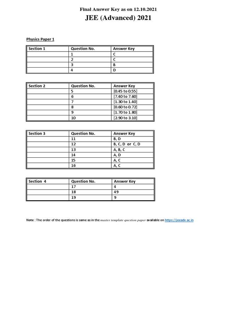 Final Answer Key Phy 1 | PDF