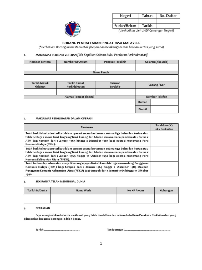 Borang Pendaftaran Pingat Jasa Malaysia PJM | PDF