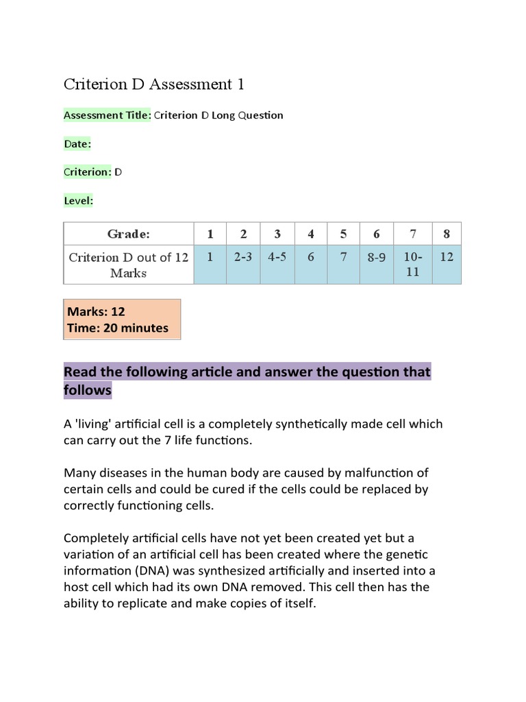 Criterion D Assessment 1: Read The Following Article and Answer The ...
