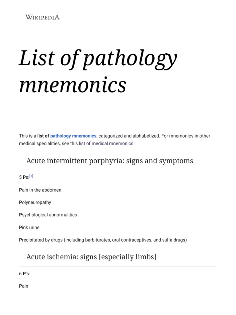 List of Pathology Mnemonics - Wikipedia | PDF | Anemia | Medicine