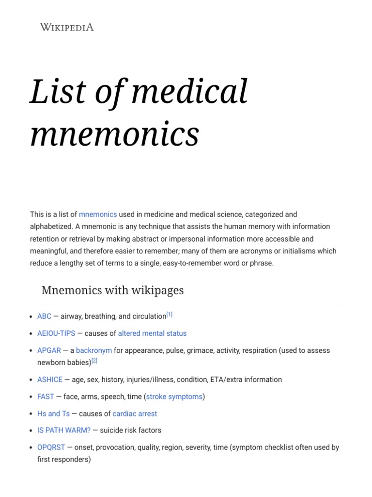 List of Medical Mnemonics - Wikipedia | PDF | Mental Disorder | Shock ...
