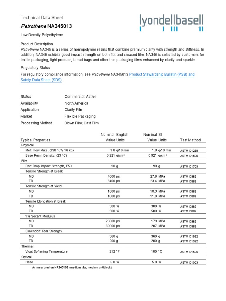 Petrothene: Technical Data Sheet | PDF | Medical Device | Food And Drug ...