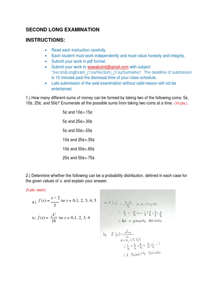 Second Long Examination Instructions:: F (X) X 2 X 0,1, 2, 3, 4, 5 ...