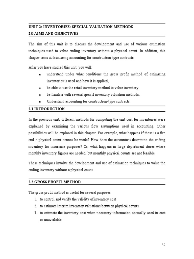 Unit 2: Inventories: Special Valuation Methods 2.0 Aims and Objectives ...