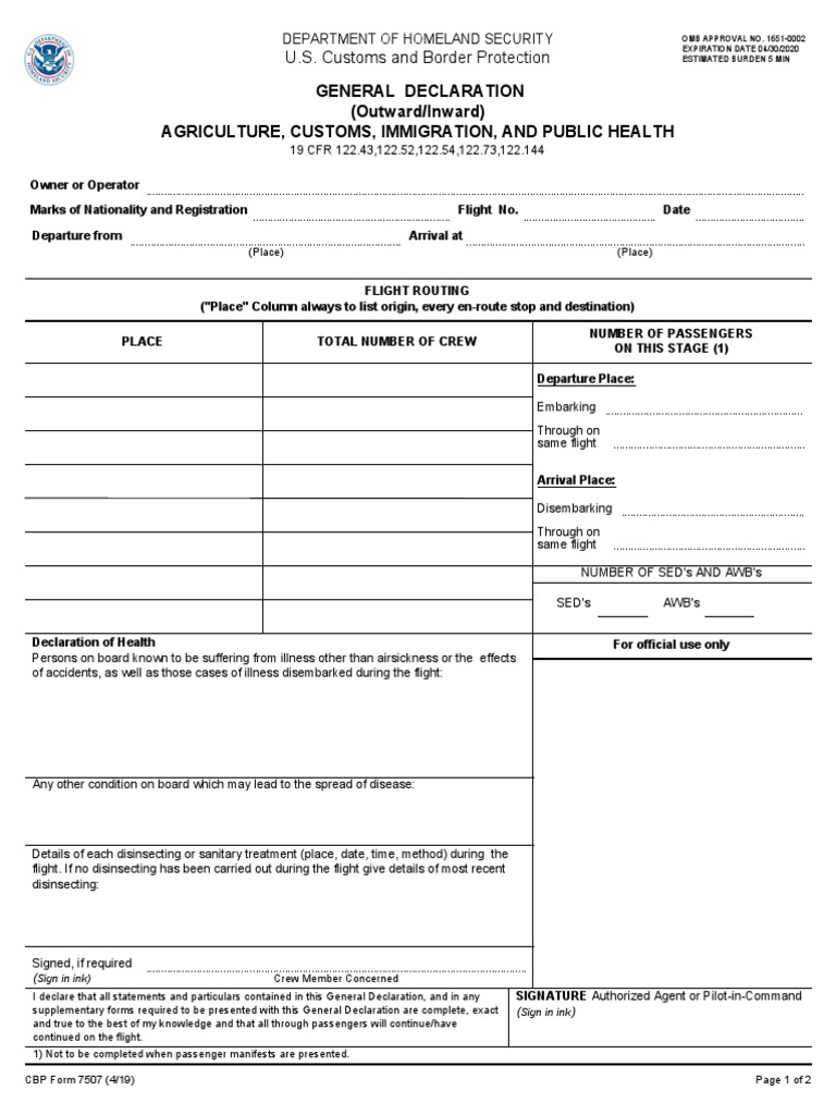 General Declaration (Outward/Inward) Agriculture, Customs, Immigration ...