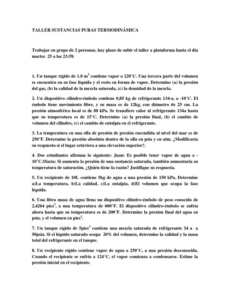 Taller Sustancias Puras Termodinámica Pdf Presión Agua